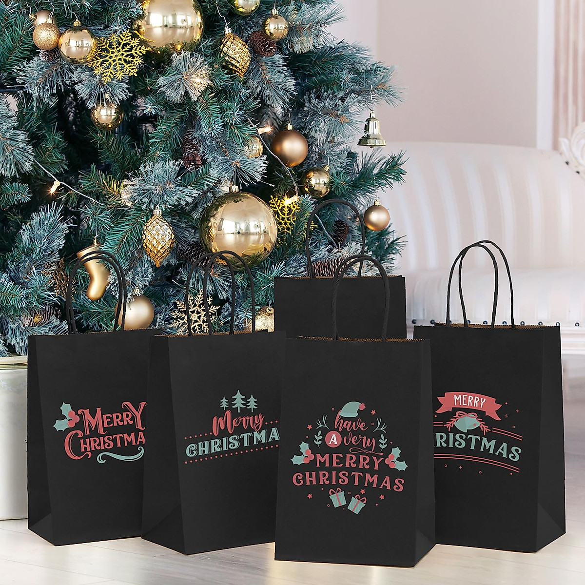 MESHA 100pcs Black Gift Bags 5.25" x 3.75" x 8", Small Size Kraft Paper Bags with Handles for Handwork, Shopping, Gift, Merchandise, Retail, Party