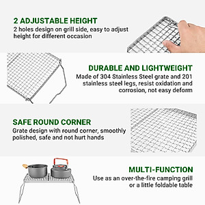 yETO Folding Campfire Grill Grate Over Fire Pit Camping Portable Fire Grate 304 Stainless Steel Cooking Grate with Adjustable Legs & Carry Bag for Camping Hiking Backpacking BBQ Outdoors
