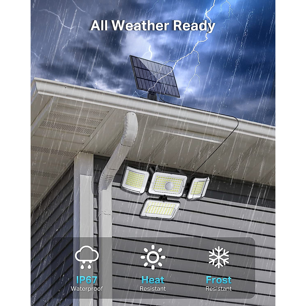 CLAONER Solar Outdoor Lights Motion Sensor 3500LM 288 LED Solar Security Lights with Remote Control IP67 Waterproof 4 Heads Solar Flood Lights with 16.4ft Cable 4 Modes Solar Wall Lights(4 Pack)