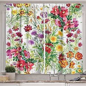 Ambesonne Flower Kitchen Curtains, Floral Design Garden Like Romantic Theme Image with Leaves Rose Blooms Daisies Image, Window Drapes 2 Panel Set for Kitchen Cafe Decor, 55" X 39", Yellow Pink