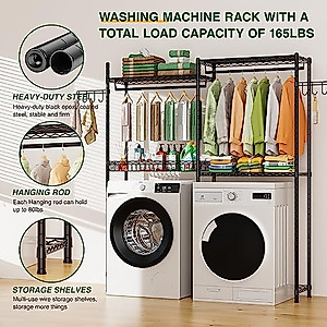 LEHOM Clothes Drying Rack,Over The Washer and Dryer Storage Shelf,Over Dryer Towel Racks Bathroom Space Saving 2 Tiers Adjustable Height Standing Shelving Units with Wire Basket Side Hook-Carbon Steel
