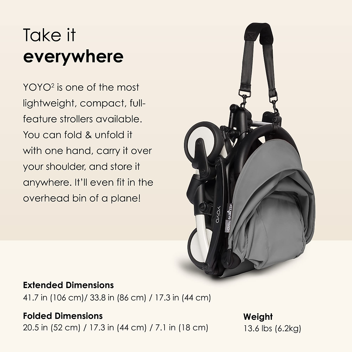 BABYZEN YOYO2 Stroller + YOYO Bag - Includes White Frame, Grey Seat Cushion, Grey Canopy, Grey YOYO Bag, Wheel Base & Hooks - Suitable for Children Up to 48.5 Lbs