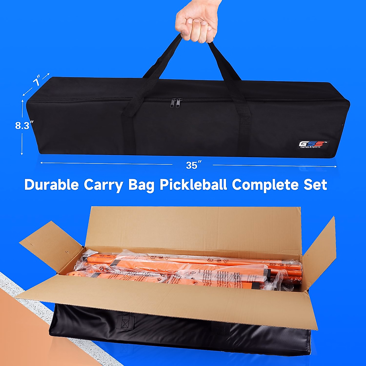 GSE Games & Sports Expert Portable Pickleball Net Set for Driveway with 22FT Regulation Size Net, 4 Paddles, 6 Outdoor Pickleballs, and Carrying Bag, Weather Resistant Metal Frame (Orange)