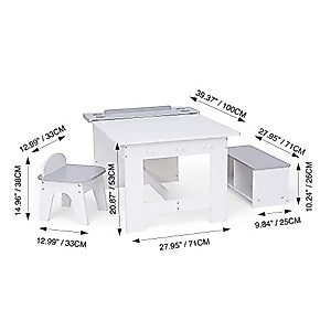 Fantasy Fields Little Monet Art Table with Built-in Paint Tray, Paper Roll Holder, Storage Hooks, Bench with Shelves, & Stool, White/Gray