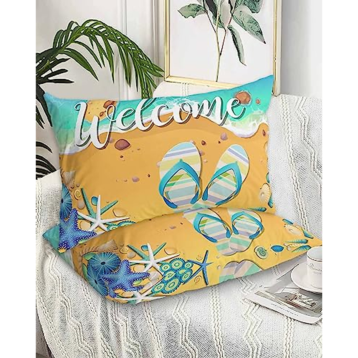 Edwiinsa Beach Pillow Covers Standard Size Set of 2 20x26 Bed Pillow, Summer Ocean Starfish Seashells Slippers Blue Sea Plush Soft Comfort for Hair/Skin Cooling Pillowcases with Envelop Closure