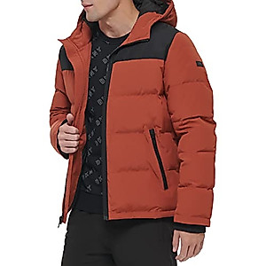 DKNY Men's Shawn Quilted Mixed Media Hooded Puffer Jacket, Arabian Spice, Medium