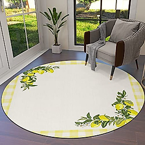 Summer Lemon Round Area Rugs Collection 6', Watercolor Fruit Yellow Plaid Non Slip Indoor Circular Throw Runner Rug Floor Mat Carpet for Living Room Dining Table Bedroom Nursery Decor