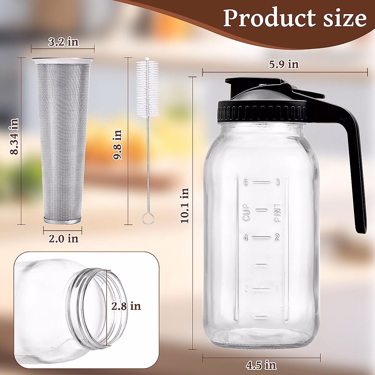 batoybeni Cold Brew Coffee Maker 64 oz (2 Quart / 1.9 Liter) Mason Jar - Wide Mouth Pitcher with Handle & Stainless Steel Filter for Coffee, Iced Tea, Sun Tea, Lemonade, and Homemade Fruit Drinks