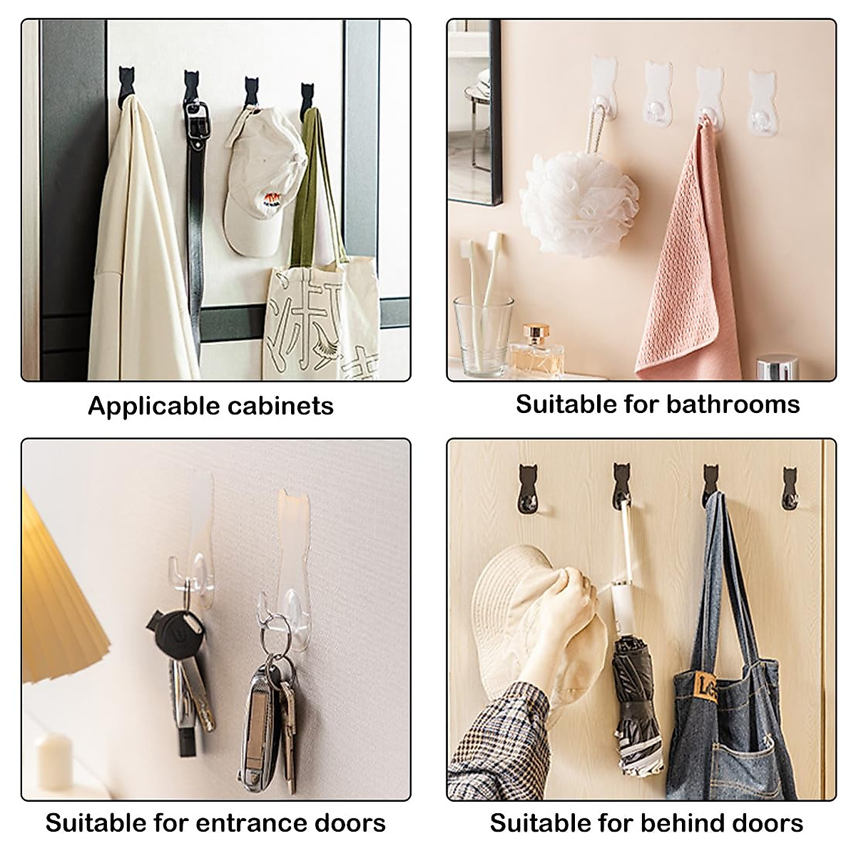 DeryArcle 4Pcs Cat Key Hook, Self Adhesive Hooks White Creative Cartoon Coat Hook Wall Mounted Hanger for Towel Scarf Bag Hat Gloves Robe Clothes (Type A)