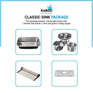 KABCO US607SSGR 30 Inch Stainless Steel Single Bowl Classic Kitchen Sink, Extra Thick 16 Gauge Undermount Rust, Sound and Heatproof Sink with Sink Strainer, Sink Grid and Rolling Up Grid