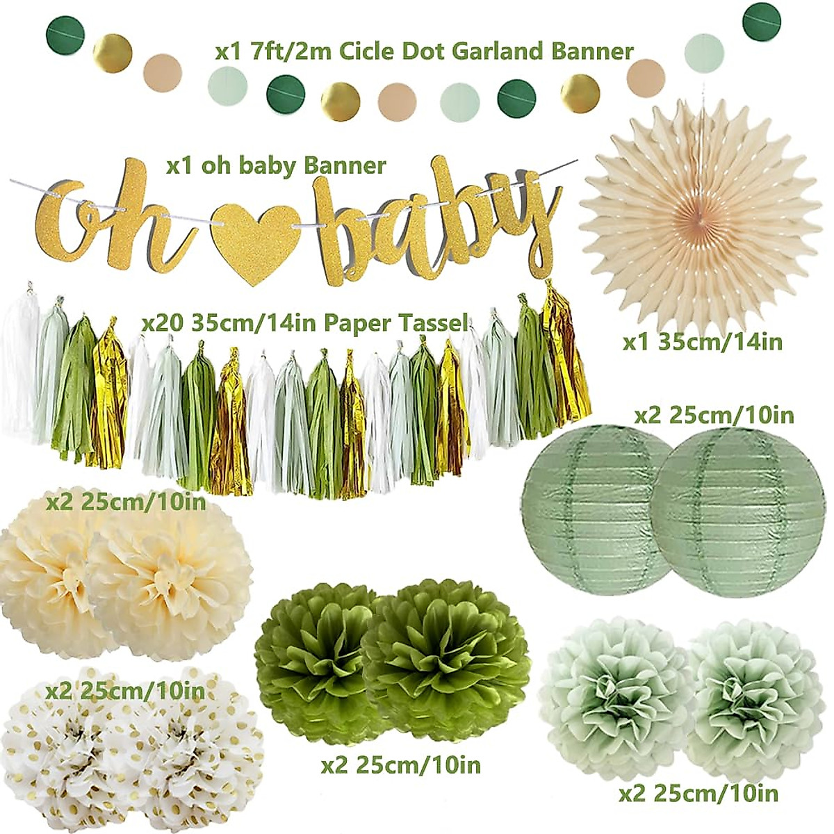 Sage Green Baby Shower Decorations Oh Baby Banner Sage Green Cream Gold Tissue Paper Pom Poms Paper Tassels Garland Circle Dots Garland for Baby Girls Boys Gender Neutral Baby Shower Party Decor