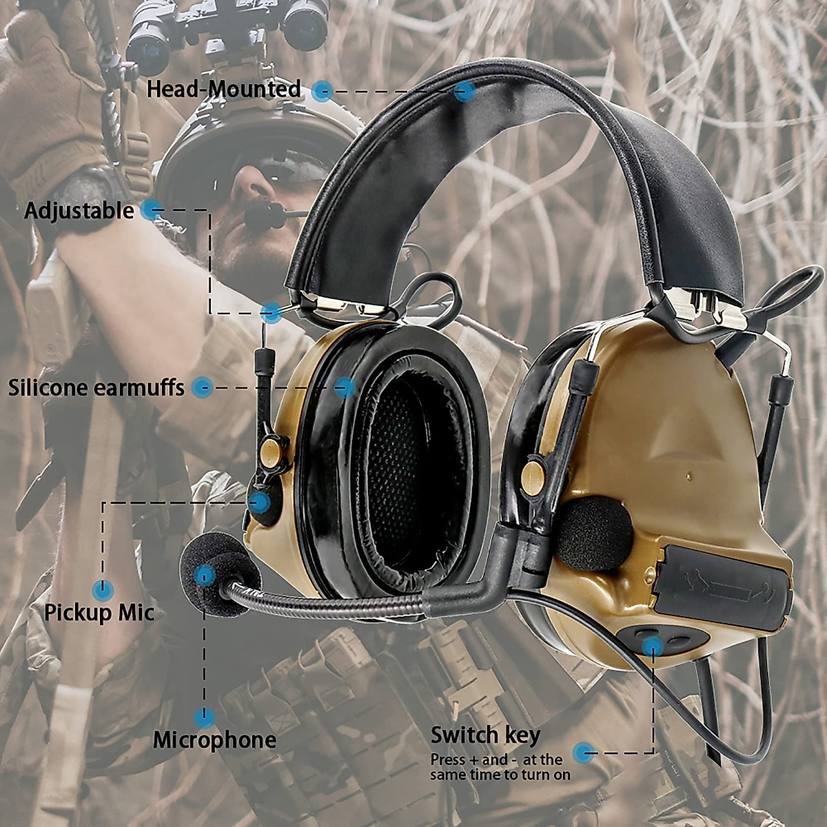 Hearangel Tactical Headset,Sound Pickup Noise Reduction & K 2 Pin PTT for Airsoft Activities (Coyote Brown)