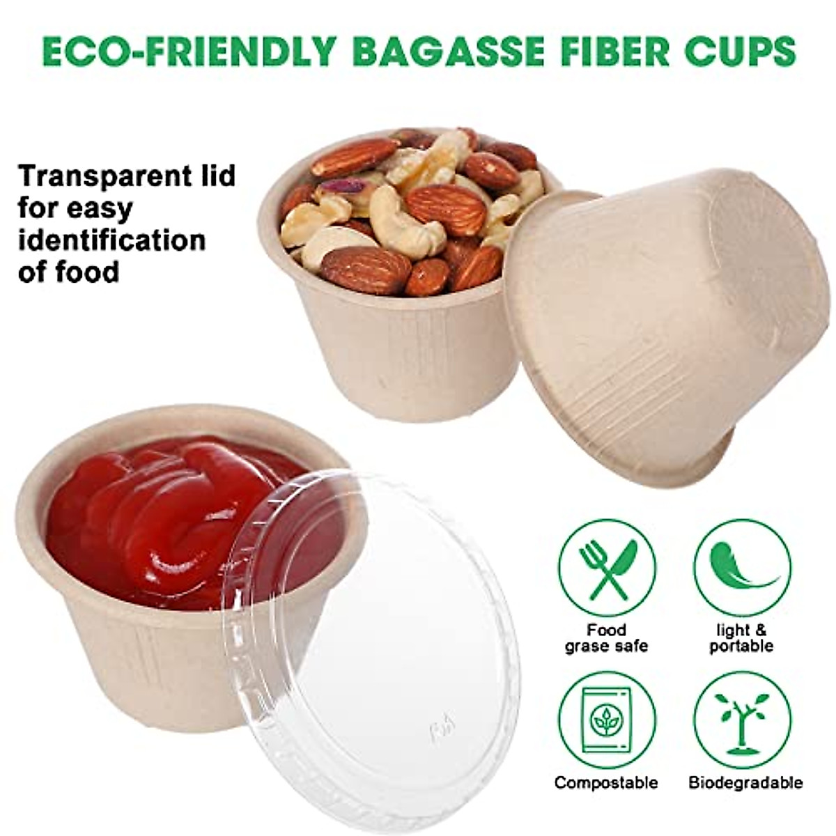 Norme 100 Pack 4oz Disposable Condiment Portion Cups with Lids Bagasse Fiber Souffle Cups Snack Small Sauce Containers with Lids for Samples Food Storage Salad Ketchup Cheese Butter