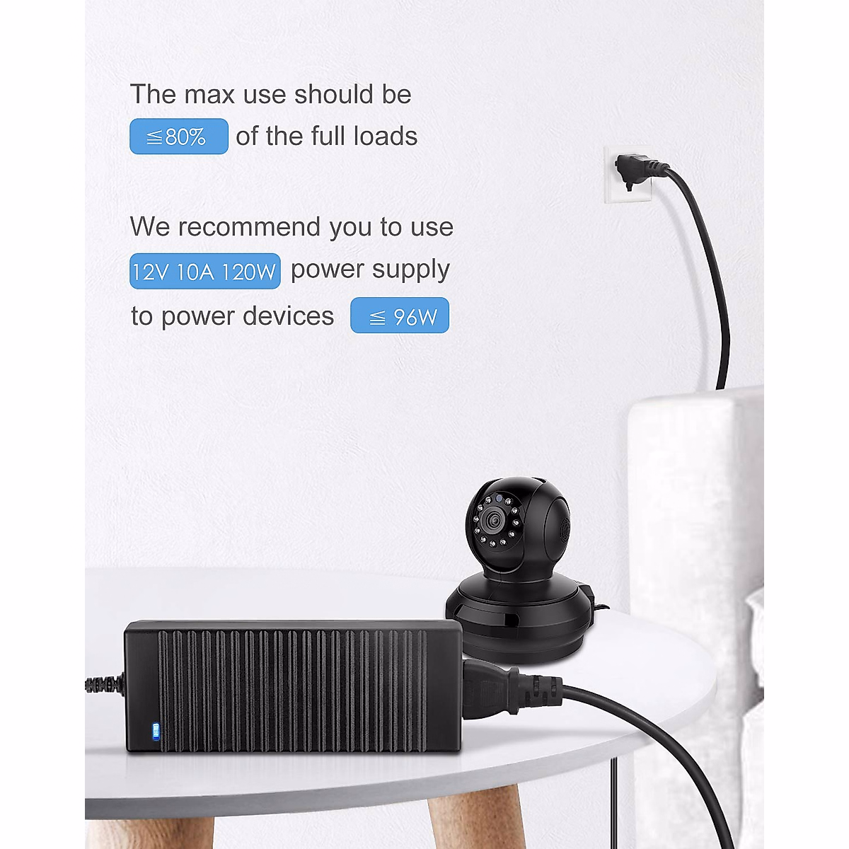 ALITOVE AC 100-240V to DC 12V 10A Power Supply Adapter Converter Transformer 12 Volt 10 Amp 120W with 5.5mm x 2.5mm 2.1mm DC Output Jack for 5050 3528 LED Strip Light CCTV Cameras 3D Printer