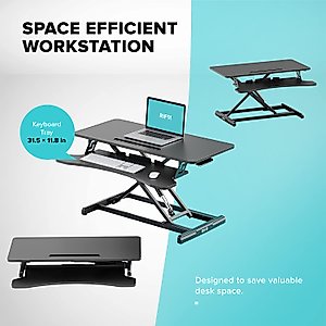 RIF6 34 Inch Convertible Standing Desk – Desk Riser with Customizable Height Settings – Sit to Stand with Spring Assisted Handle – Comes with Tablet and Phone Holder – Black