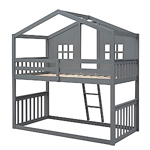 Harper & Bright Designs House Bunk Bed Twin Over Twin Kids Bunk Bed Wood Frame for Girls Boys, Roof Design (Twin Size, Gray)