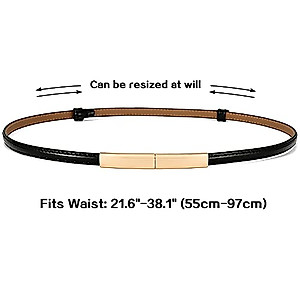 BAOKELAN Skinny Leather Belts for Women Slim Waist Belt Patent Leather with Gold Buckle for Dress Black