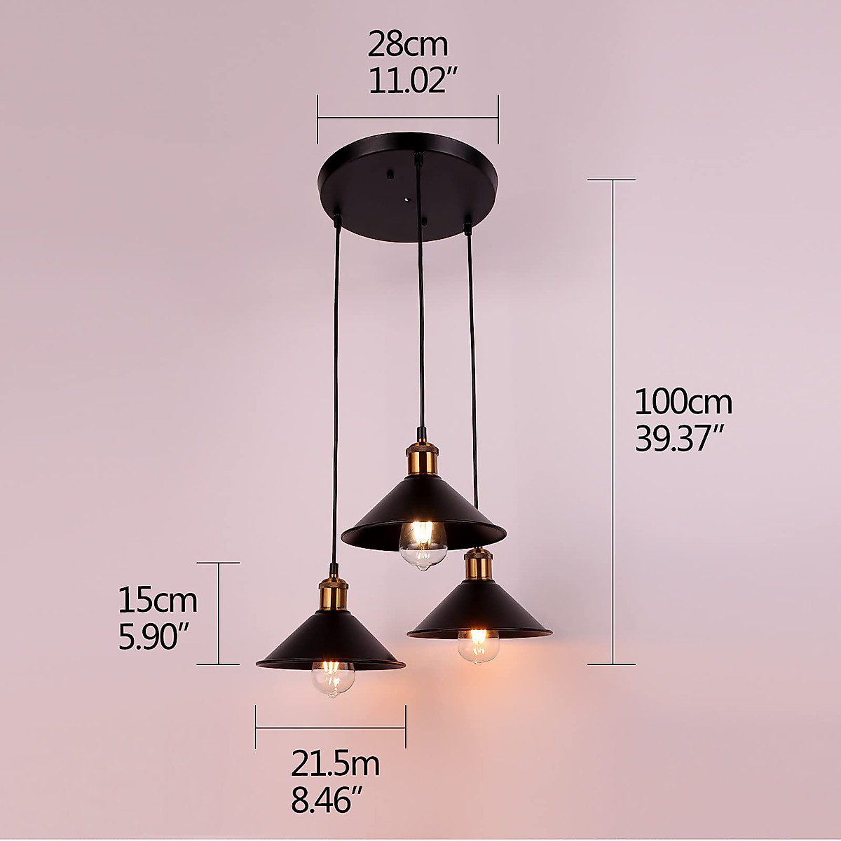 FIRVRE 3-Lights Industrial Pendant Light, Black Adjustable Metal Pendant Lights, E26 Base Socket, Ceiling Hanging Light Fixture for Home Kitchen,Dining Room,Café,Bulb Not Included