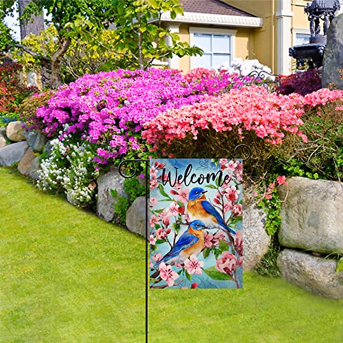 Artofy Welcome Spring Bluebird Home Decorative Birds Garden Flag, Yard Outside Decor, Summer Flowers Outdoor Small Burlap Decoration Double Sided 12 x 18