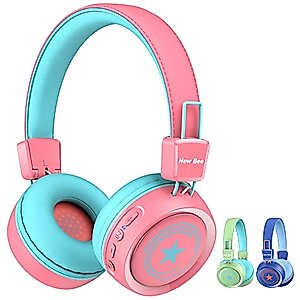 New bee Kids Bluetooth Headphones with Microphone Bluetooth 5.0 Wireless Kids Headphones with 32H Playtime/94dB Volume Limited On Ear Headphones for School/Girls/Boys/iPad/Fire Tablet(Pink)