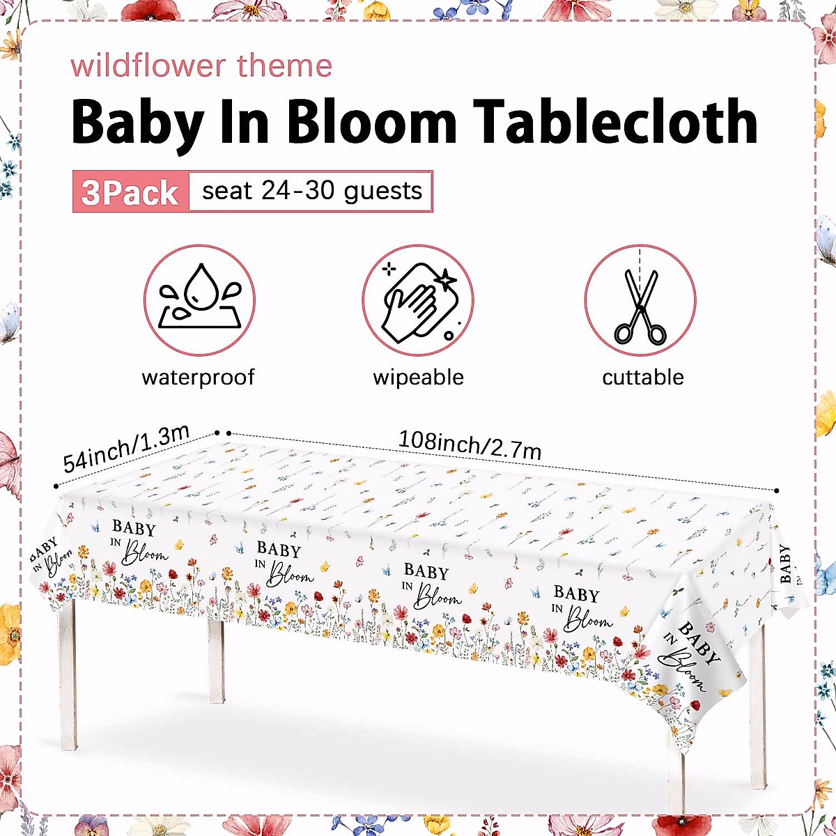 Heboland 3 Pack Baby in Bloom Baby Shower Tablecloth Decorations, Wildflower Floral Large Size 54 x 108 Inch Rectangular Plastic Tablecloth Party Decor