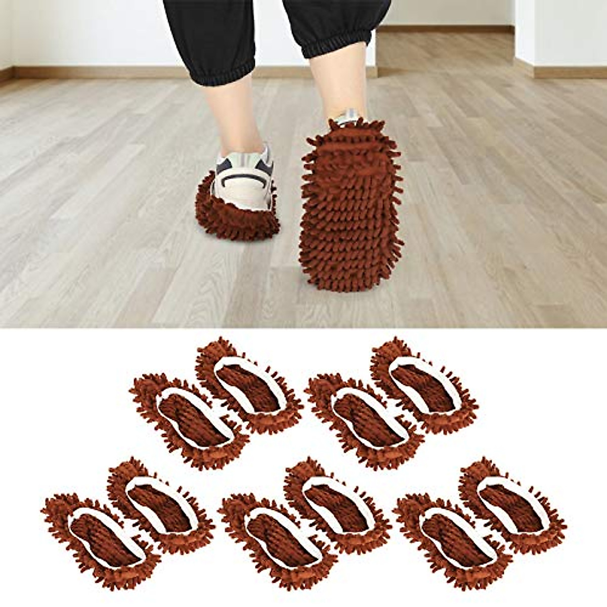 Mop Slippers Shoes Cover, 10Pcs Chenille Mop Slippers Multifunction Floor Cleaning Shoes Dust Cleaner Accessory(Tan)