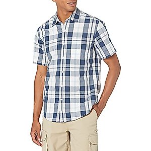 Amazon Essentials Men's Slim-Fit Short-Sleeve Poplin Shirt, White/Navy, Large Plaid, X-Large