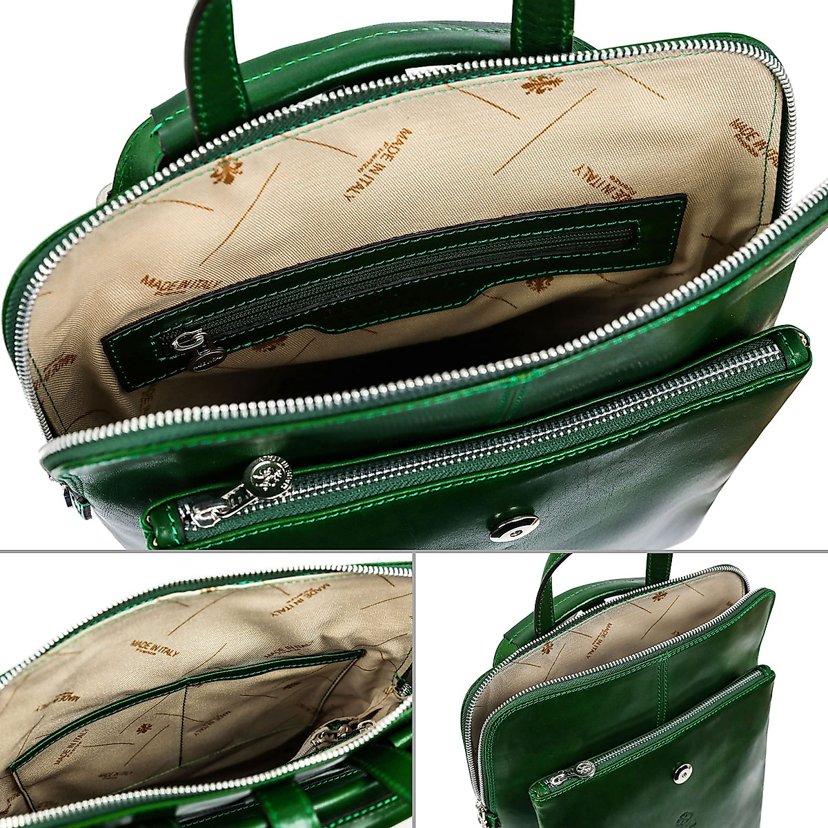 Time Resistance Leather Backpack - Convertible to Shoulder Bag - Full Grain Real Leather Travel Rucksack for Women (Green)