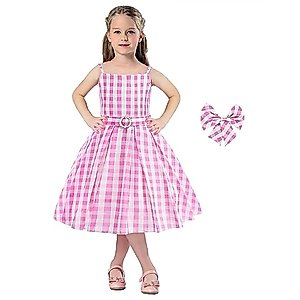 Kids Doll Princess Movie Heroine Costume Dress Girls Halloween Costume Princess Cosplay Pink Plaid Dress with Pearl Buckled Belt Bow Hairpin ZF011S