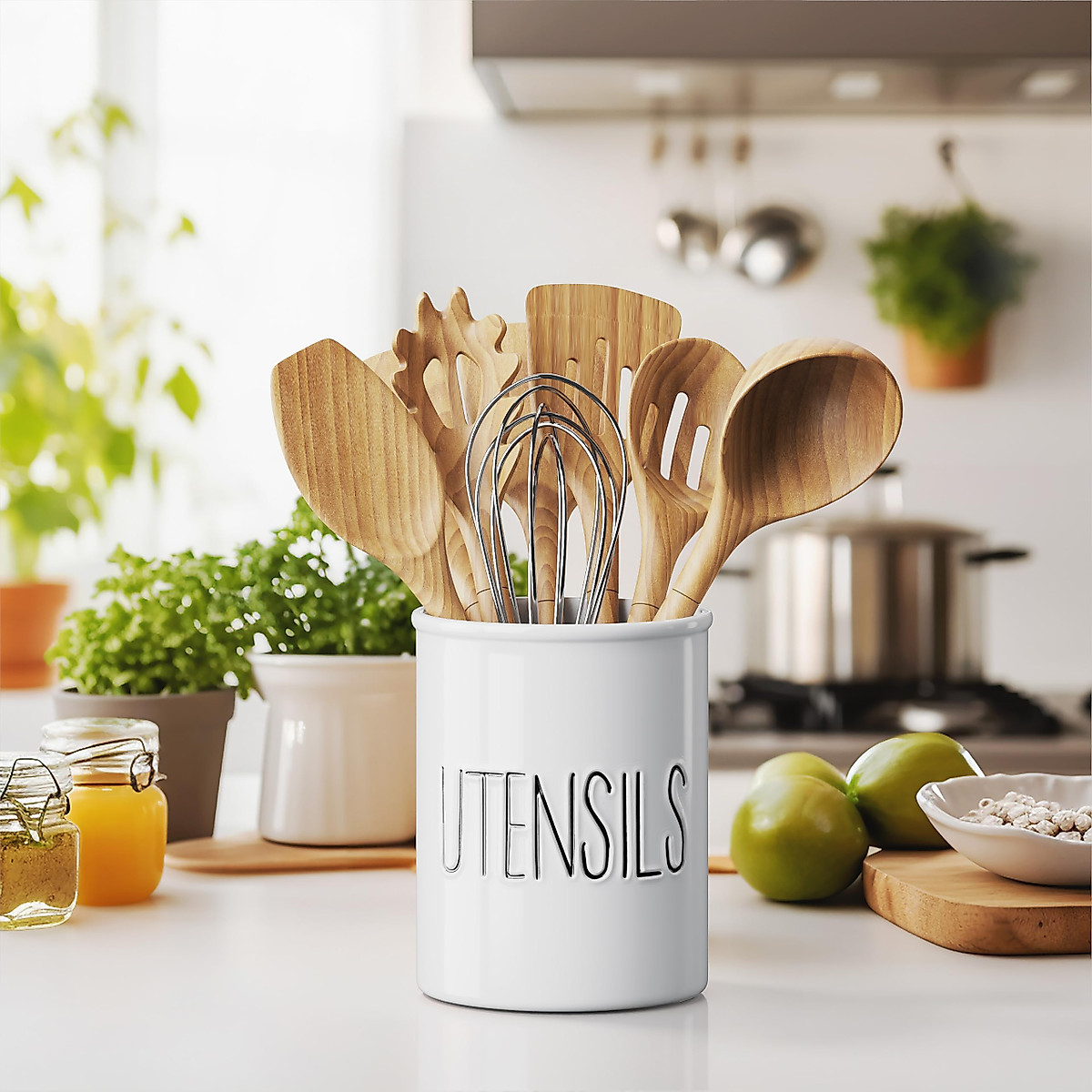 Barnyard Designs Ceramic Farmhouse Kitchen Utensil Holder for Countertop, Decorative Kitchen Utensil Holder, Large Kitchen Utensil Holder for Kitchen Counter, Utensil Crock Spatula Holder, 7" White