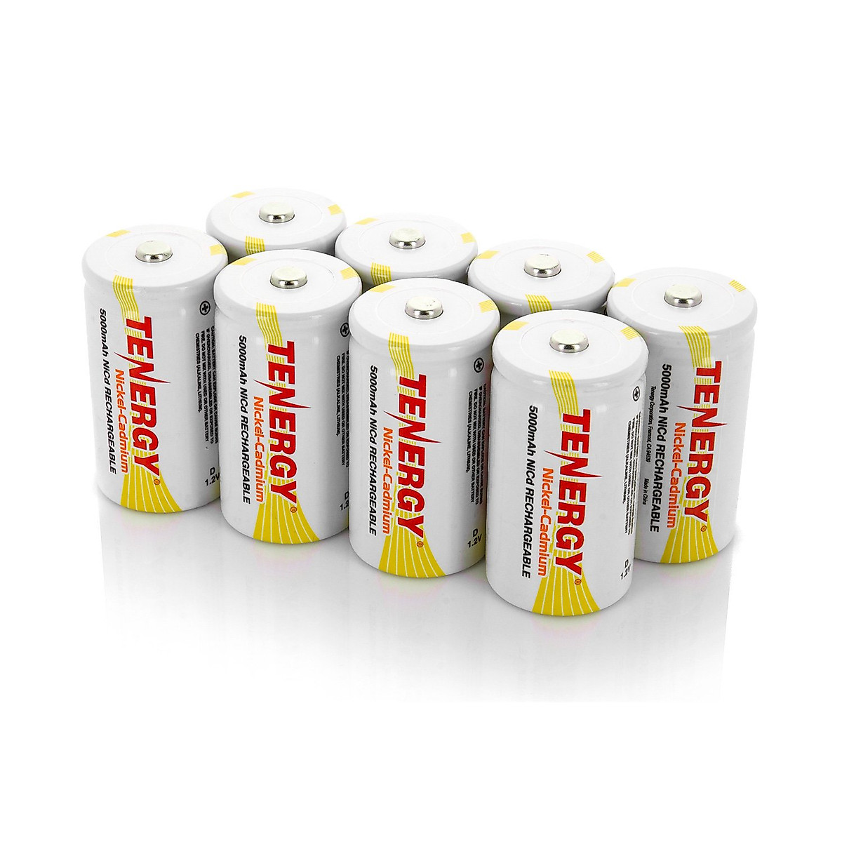 Tenergy D Size 5000mAh NiCd Button Top Rechargeable Batteries, 8 Pack