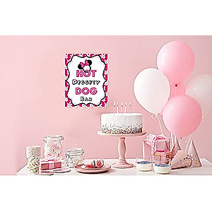 Minnie Mouse Birthday Decoration Signs | 4 Different Party Signs | 8 x 10 inch Minnie Mouse Party Supplies Birthday Sign Printed in Card stock | Minnie Mouse Clubhouse Inspired Door Signs | Food Labels Disney Decorations Hot Dog Bar Decor
