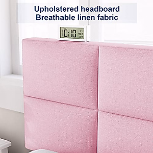 Molblly Twin Bed Frame Upholstered Platform with Headboard, Strong Frame and Wooden Slats Support, Linen Fabric Wrap, Non-Slip and Noise-Free,No Box Spring Needed, Easy Assembly, Pink