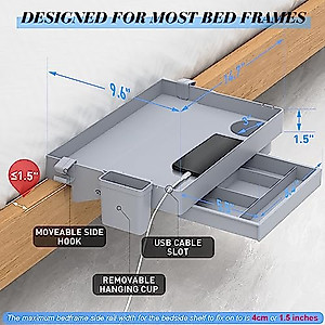 Ronlap Folding Bedside Shelf, Bunk Bed Shelf Organizer for Top Bunk Clip On Nightstand Plastic Bedside Shelf Tray for College Dorm Kids with Cupholder Hooks Hanging Cup, Small Size with Drawer, Grey