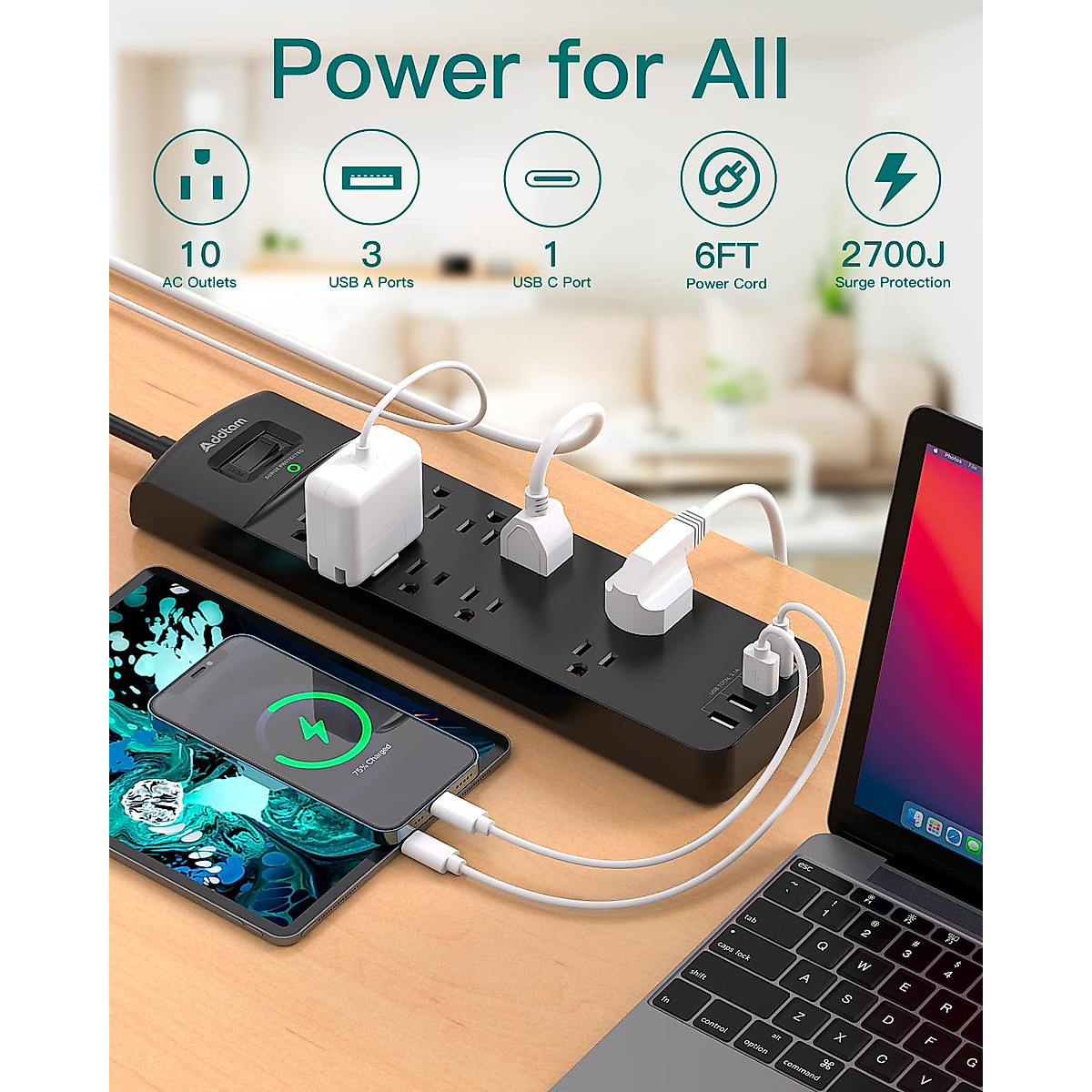 Power Strip - Addtam Surge Protector with 10 Outlets and 4 USB Ports, 6 Feet Extension Cord with Flat Plug, 2700 Joules, ETL Listed, Black