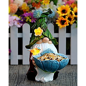 Garden Gnome Statue Outdoor Decor - Spring Gnome Bird Feeder with Solar LED Light,Garden Gnomes Outdoor Decorations for Yard Patio Lawn Porch,Ornament,Garden Gift(Blue)