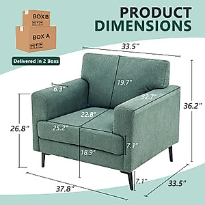 CDCASA Accent Chair, Linen Fabric Oversized Mid Century Modern Chair Set of 1, Comfy Upholstered Armchair Reading Accent Chairs Sofa Chairs for Bedroom Living Room, Green