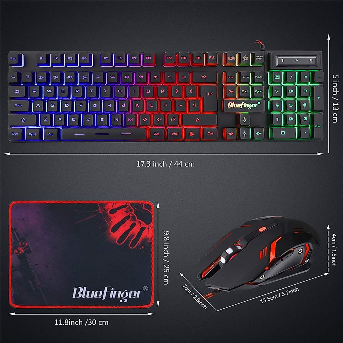 BlueFinger RGB Gaming Keyboard and Backlit Mouse Combo, USB Wired, LED Gaming set for Laptop PC Computer Game and Work