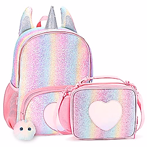 mibasies Kids Unicorn Backpack with Lunch Box for Girls Rainbow School Bag