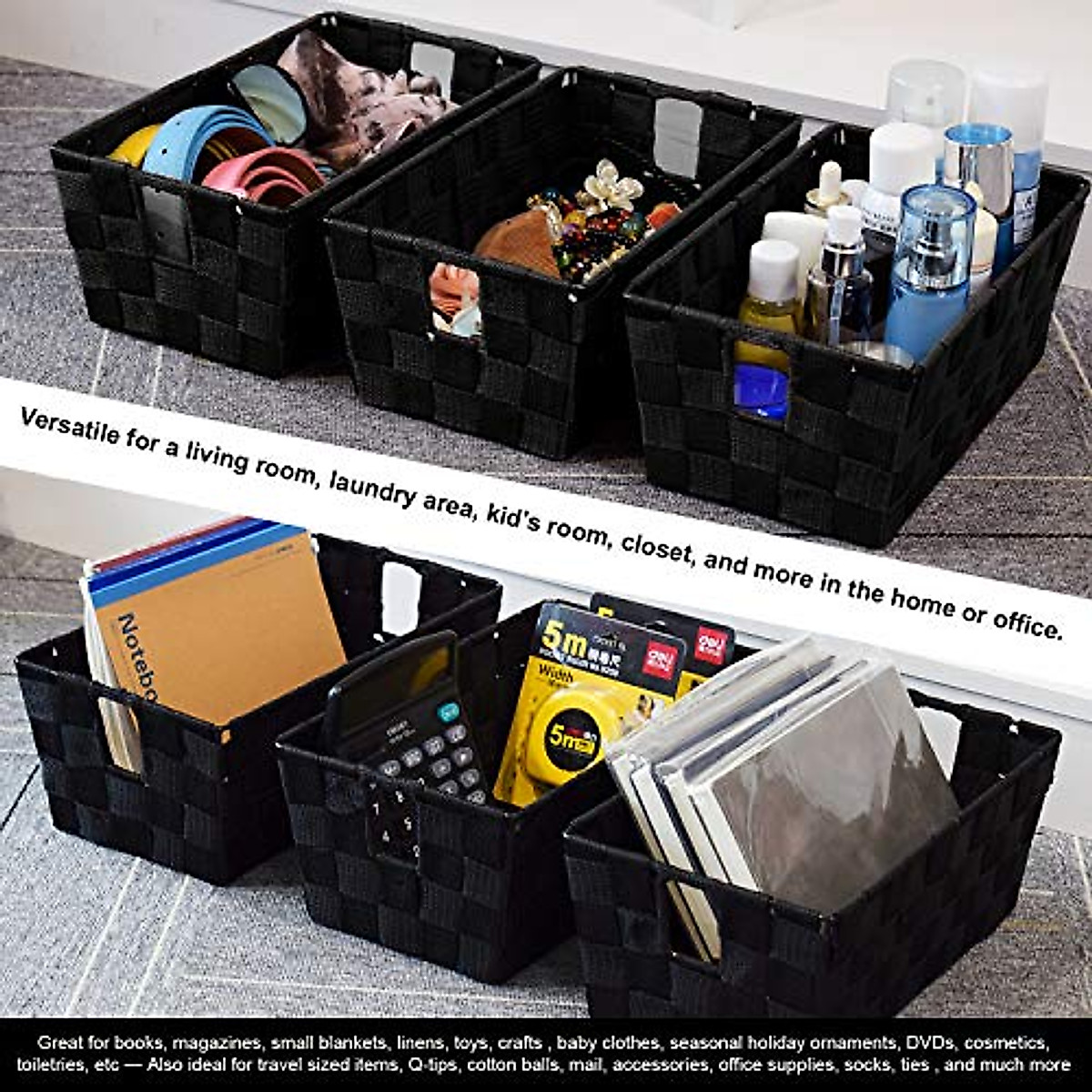 homyfort Woven Shelf Storage Tote Basket Bins Container, Storage Boxes Cube Organizer with Built-in Handles for Bedroom, Office, Closet, Clothes, Kids Room, Nursery 3 pk (Black, 11.4“ x 6.5” x 4.5”)