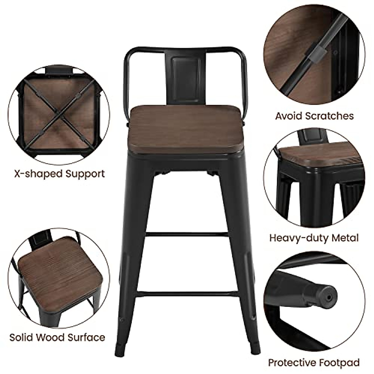 Yaheetech 24'' Metal Bar Stool 4PCS Low Back Conuter Stools for Indoor/Outdoor Barstools w/Wooden Seat Metal Leg Industrial Counter Height Black