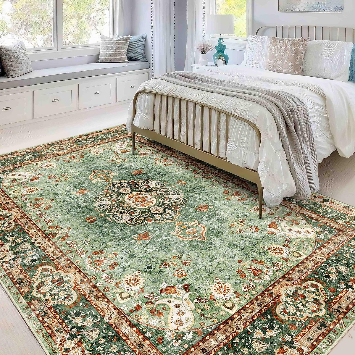 Castage 5x7 Area Rugs Washable,Green Rug for Living Room Bedroom Kitchen,Large Boho Vintage Bohemian Distressed Oriental Carpet Non Slip