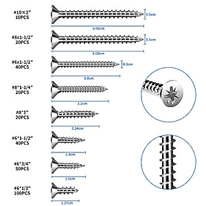 WELLOCKS Wood Screws 290 PCS #6#8#10 Metal Drywall Screws Assortment Upgrade Thicken Box Carbon Steel Flat Head Self Tapping Screw Kit with Handy Storage Box for Homemade Repair Woodwork(D001)