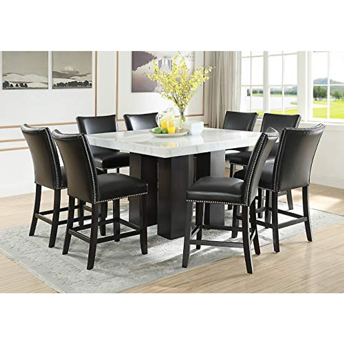 Steve Silver Camila Marble Top Square 9 Piece Counter Height Dining Set in Black