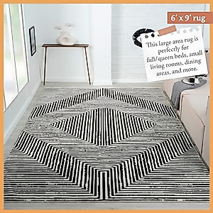 Indigo Ink - Washable Area Rug, Stain Resistant, Easy to Clean, Black/White Geometric Boho Decor, Dorm Room Essentials, for Living Room, Bedroom, Office (6' x 9', Panther Collection)