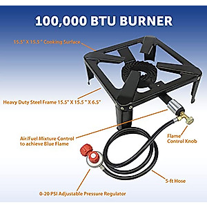 Flame King Heavy Duty 100,000 BTU, 0-20 PSI, Turkey Fryer Single Propane Burner Bayou Cooker, Outdoor Stove for Home Brewing, Maple Syrup Prep, Cajun Cooking