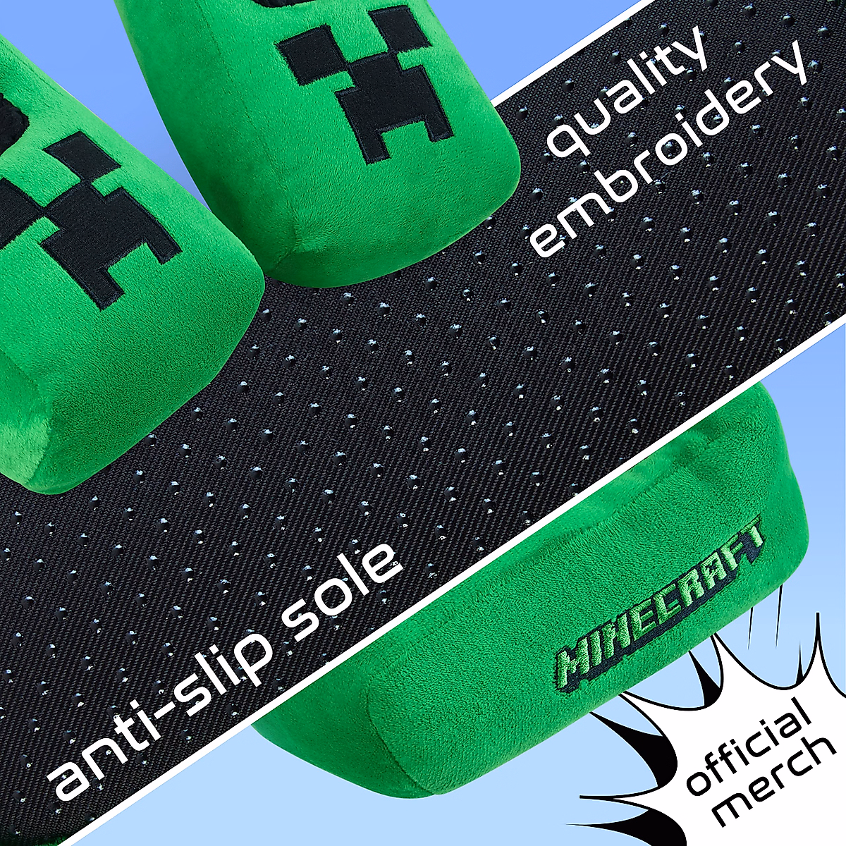 Minecraft Boys Slippers, Cozy Indoor House Shoes - Gamer Gifts for Boys (Green/Black, 2.5/3.5 US)