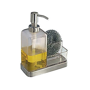 iDesign 67080 Forma Plastic Soap Pump with Caddy, Dispenser with Storage Compartment for Bathroom, Kitchen Countertops, Sinks, Set of 1, Stainless