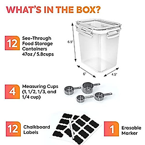 Mueller Airtight Storage Food Container Set with Lids – 12-Piece, Kitchen & Pantry Organization and Storage, Dishwasher, Freezer and Microwave Safe – 12 Labels, 4 Measuring Cups and Marker, White