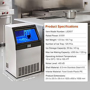 Commercial Ice Maker, 265lbs/24H, Ice Maker Machine, 126 Ice Cubes in 12-15 Minutes, Freestanding Cabinet Ice Maker with 88lbs Storage Capacity LED Digital Display (Electric Drainage, 265lbs/day)
